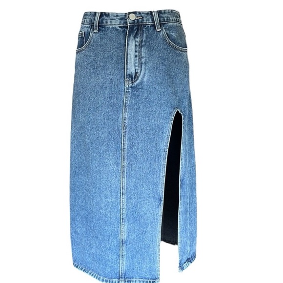Cider | Skirts | Ciden Denim Mid Rise Jean Midi Skirt High Rounded Slit ...